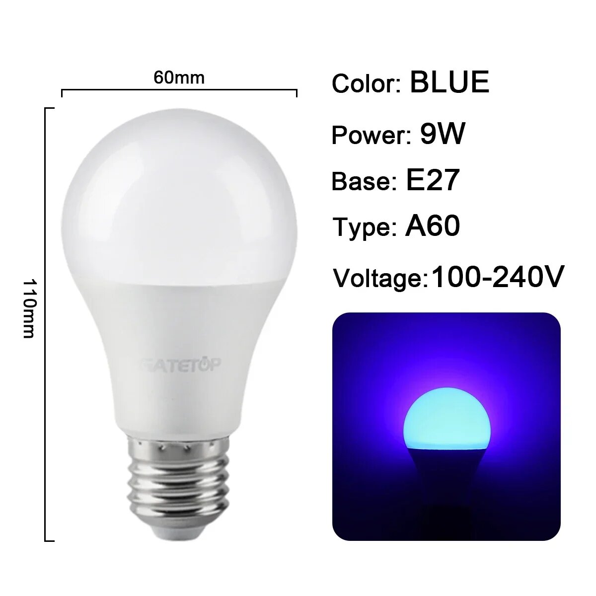 Светодиодные лампы Gatetop 3 шт, желто-синие, E27/E14/GU10, AC100-240V A60 E27 BLUE