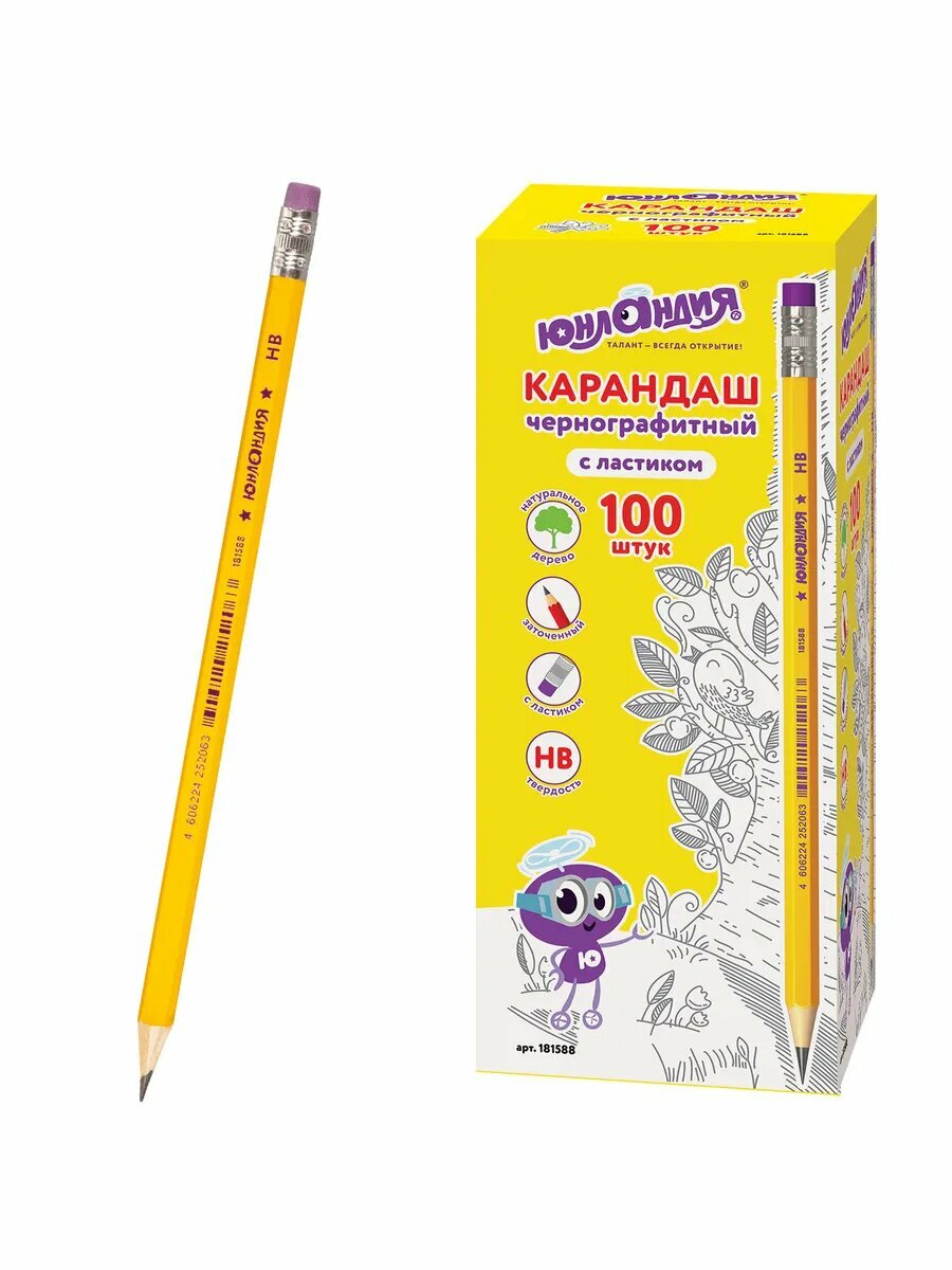 Карандаш чернографитный НВ с ластиком 10 шт.