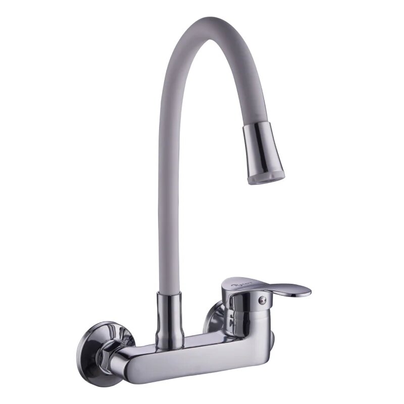 Смеситель для кухни Plstart PD46001-8 с гибким изливом, с поворотным изливом, хром, белый, глянцевый, однорычажный, настенный, с керамическим картриджем