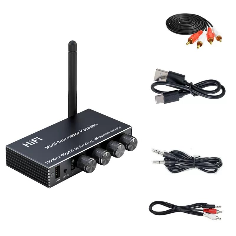 Bluetooth аудиоадаптер с оптоволоконными/коаксиальными входами и двумя RCA кабелями для установки караоке микрофона,