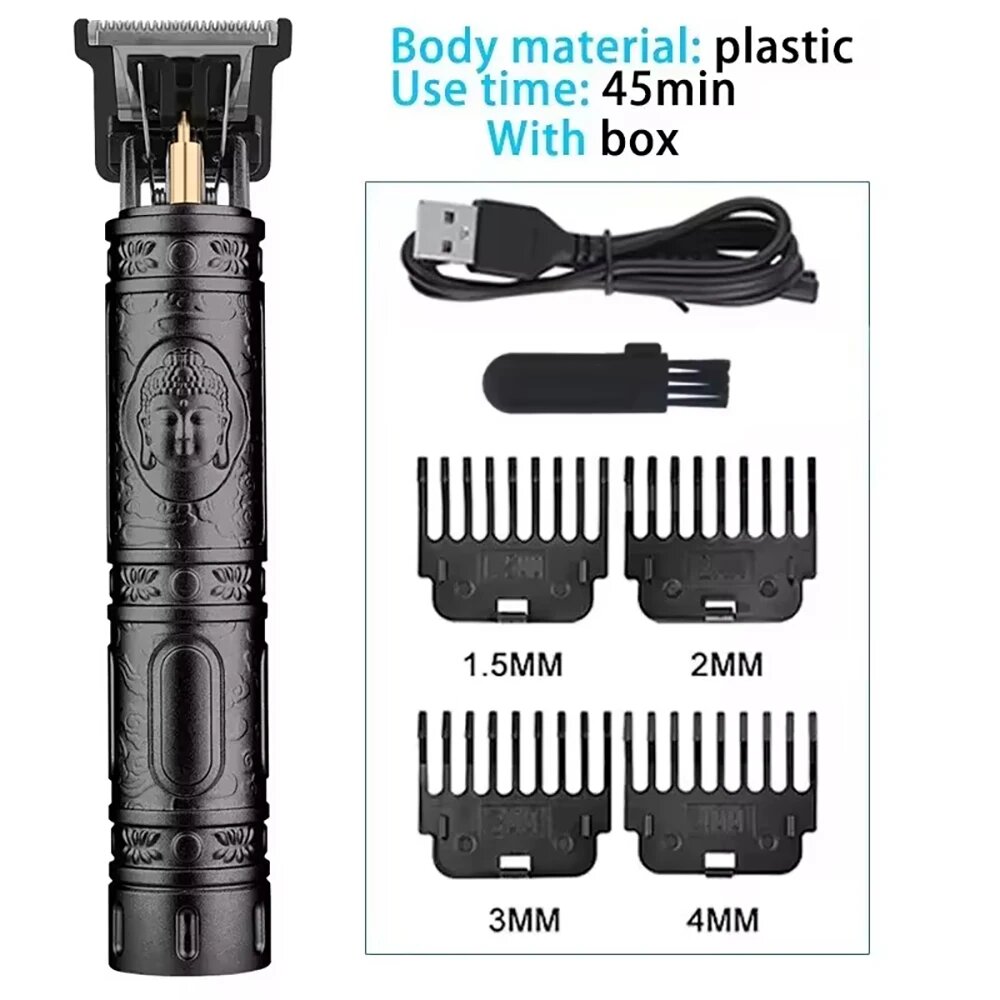 Машинка для стрижки волос T9 Black Buddha, 4 насадки, 45 мин
