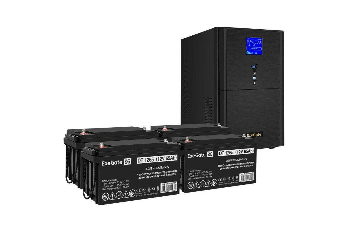 Комплект ИБП ExeGate SineTower SZ-5000. LCD. AVR.2SH.1C13. T EX295991RUS + батарея 65Aч EX282982RUS 4шт