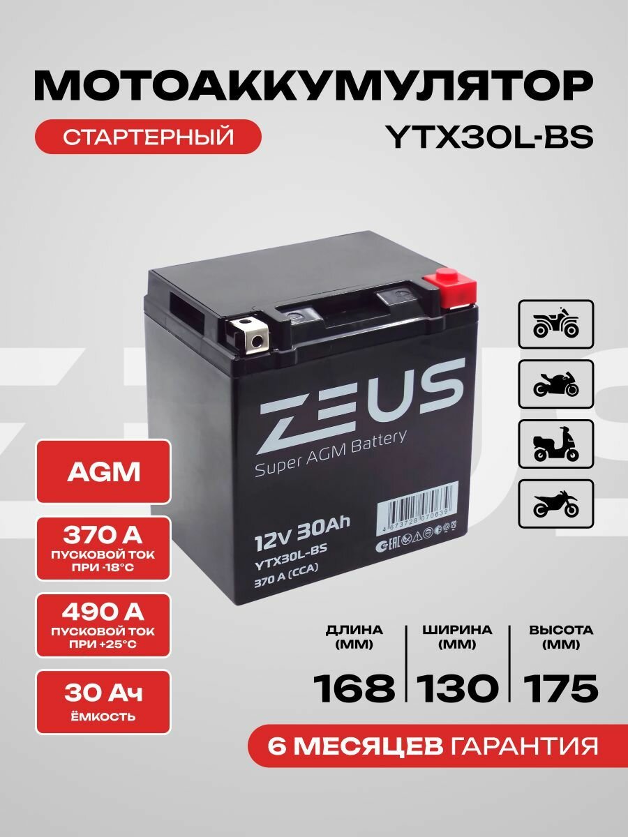 Мото Аккумулятор для мотоцикла, квадроцикла, мопеда, гироскутера ZEUS SUPER AGM 30 А*ч Обратная полярность (YTX30L-BS, CT 1230)