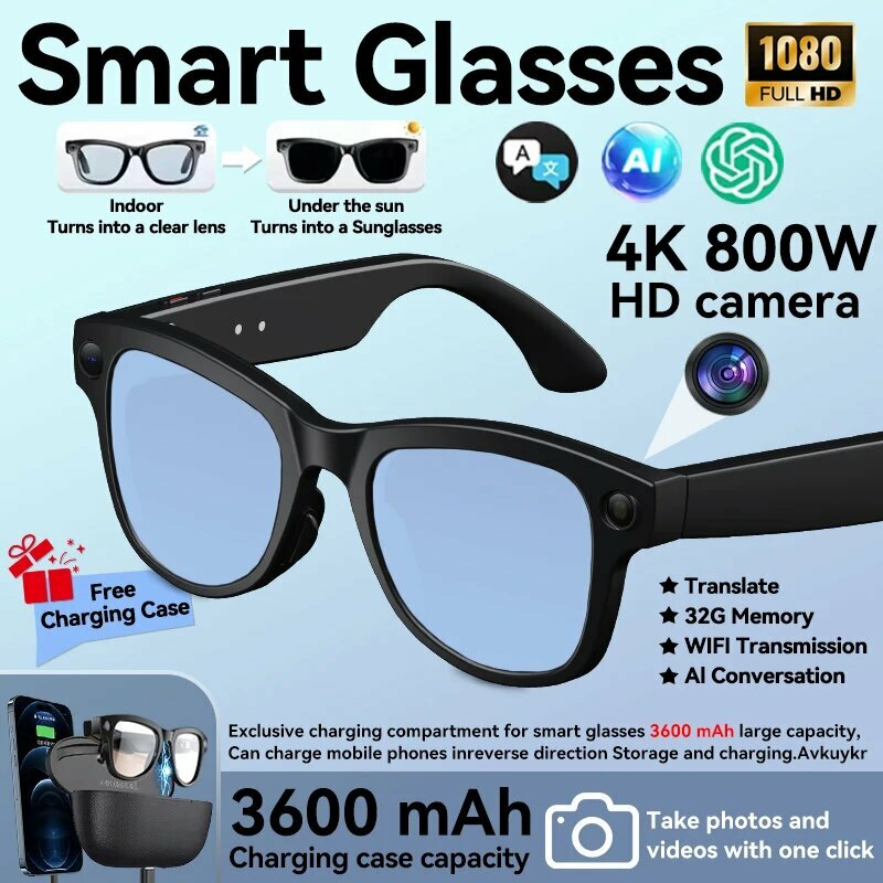 Новые умные очки с камерой 4K HD мощностью 800 Вт для мужчин, перевод на 120+ языков, запись видео, воспроизведение музыки, звонки, встроенный аккумулятор 3600 мАч
