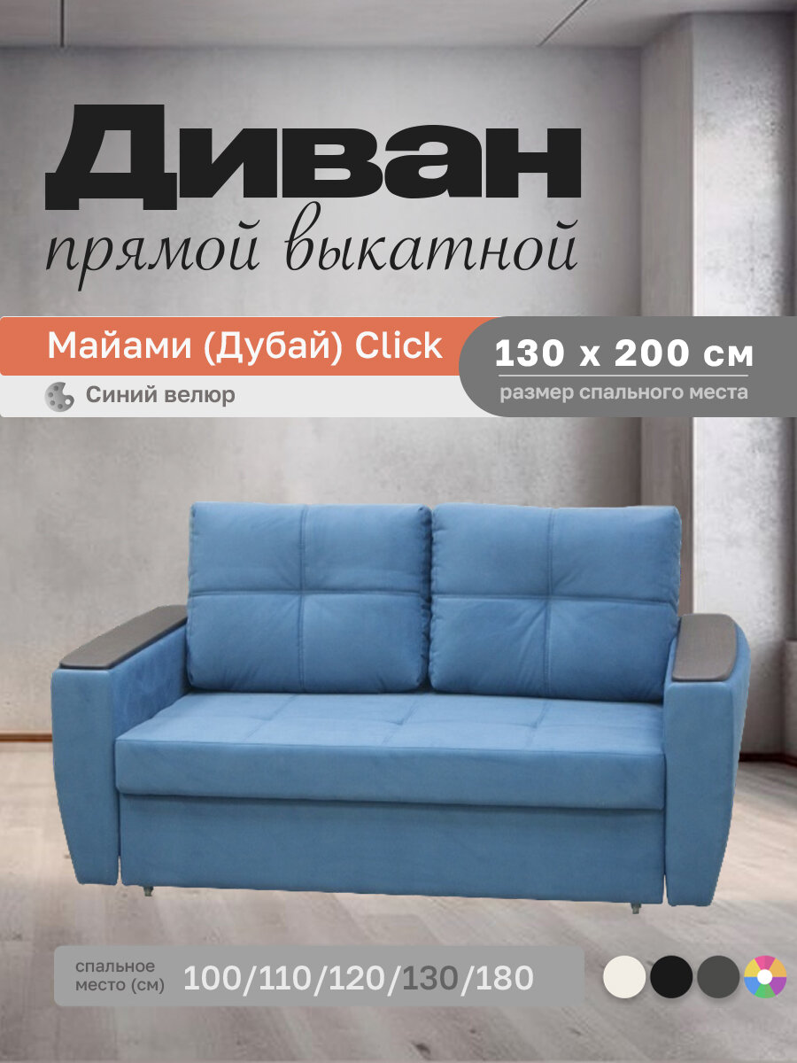 Прямой диван Майами (Дубай) Синий велюр 130 , easy click, 170х110х80 см, с ящиком для белья