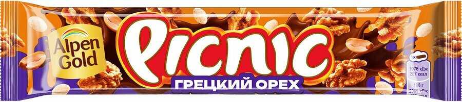 Шоколадный батончик Picnic Грецкий орех, с грецким орехом и арахисом 52г