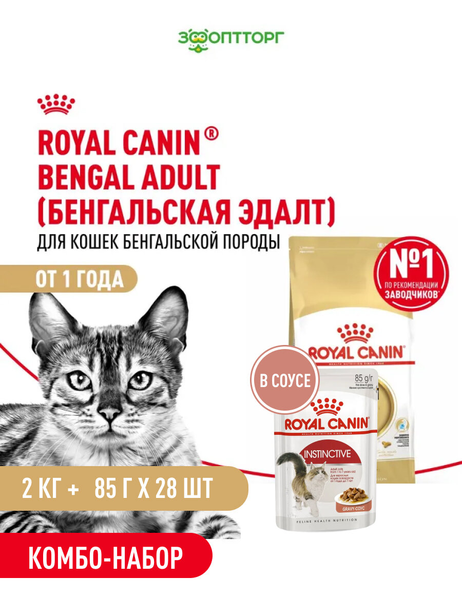 Комбо-набор Royal Canin сухой+влажный кусочки в соусе корм для взрослых кошек бенгальской породы, 2 кг + 85 г х 28 шт.