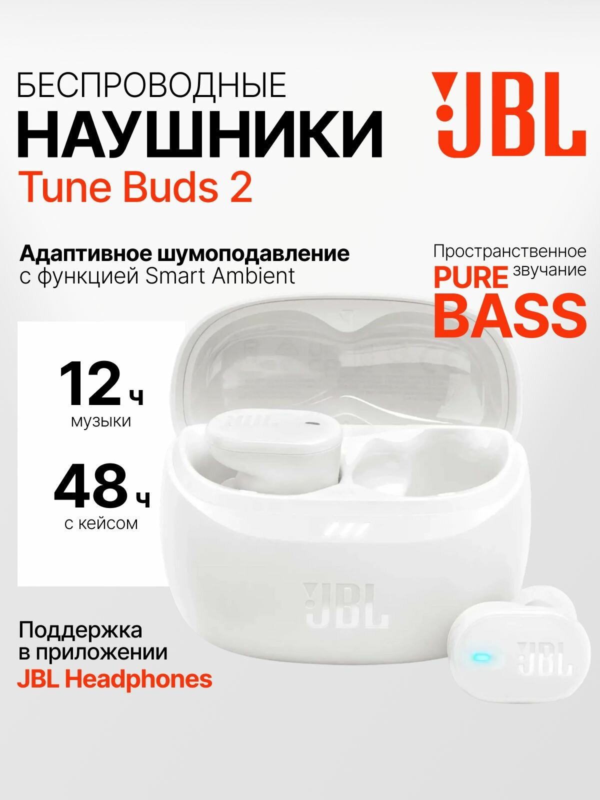Беспроводные наушники JBL Tune Buds 2 TWS, (White), белые