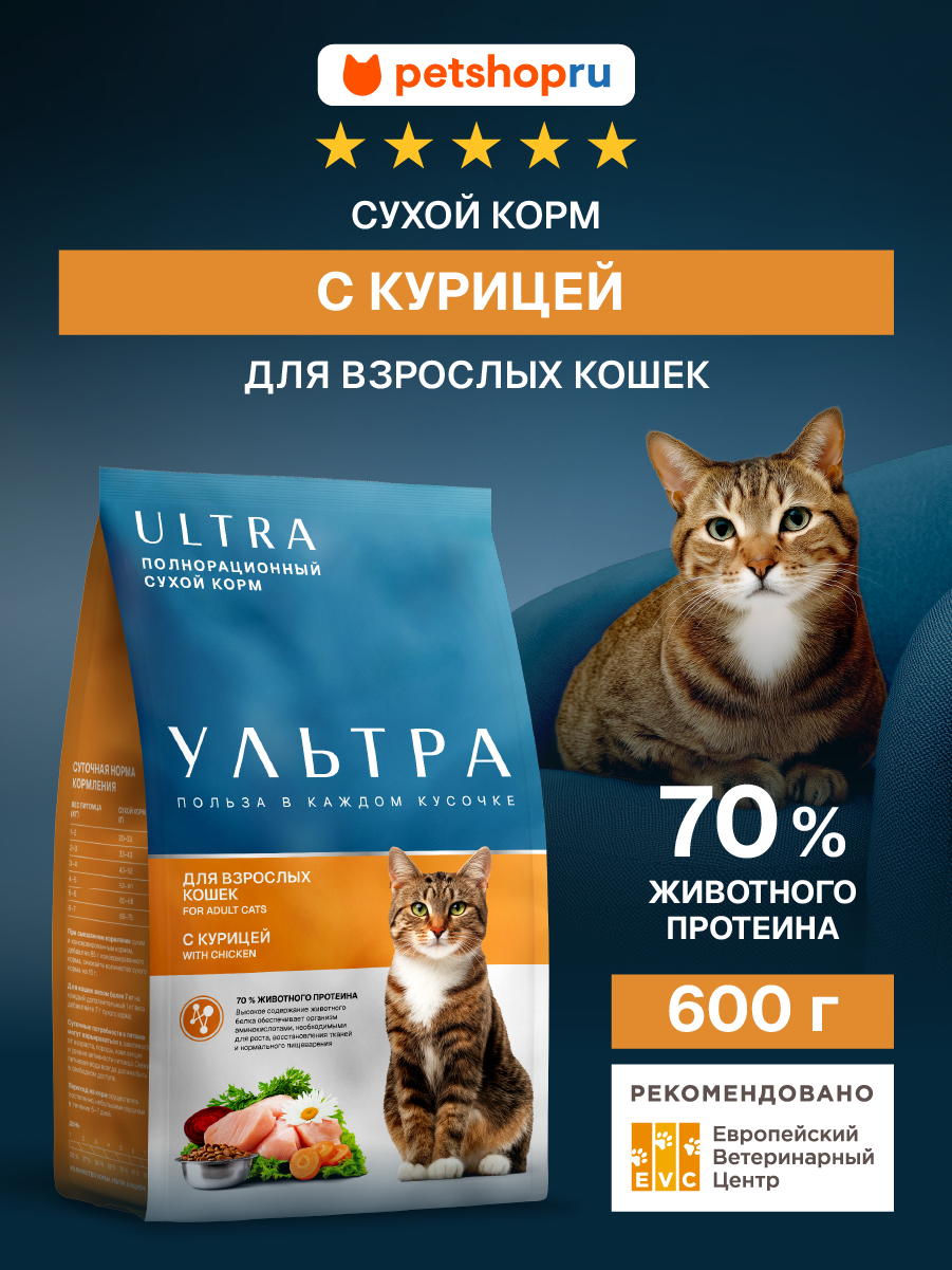 Ultra Сухой корм с курицей для взрослых кошек, adult, chicken, 600 г