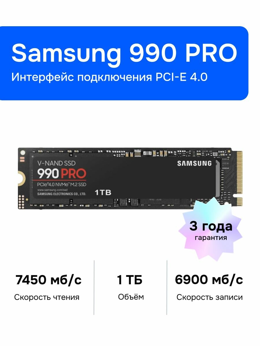Samsung 1 ТБ Внутренний SSD-диск 990 PRO M.2 PCI-E 4.0, M.2, PCI-E 4.0 16 Гбит/с (MZ-V9P1T0BW)