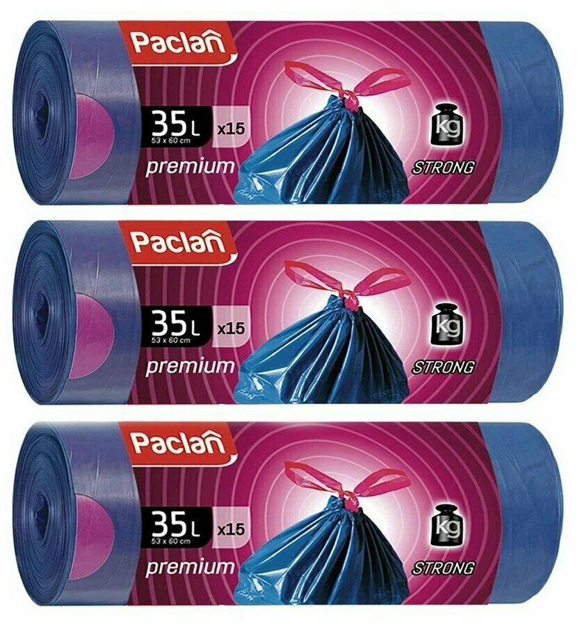 Мешки для мусора Paclan premium с тесьмой 35 литров 15 пакетов 3 рулона