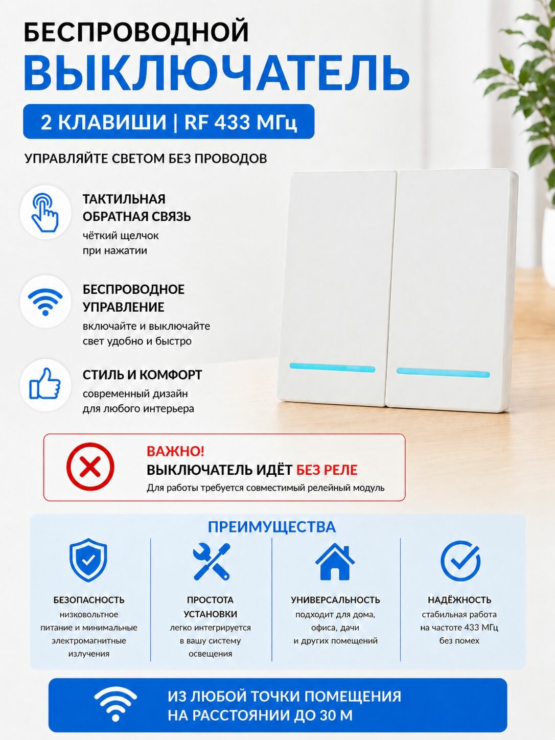 Беспроводной двухклавишный выключатель RF 433 МГц с дистанционным управлением, белый (СФ)
