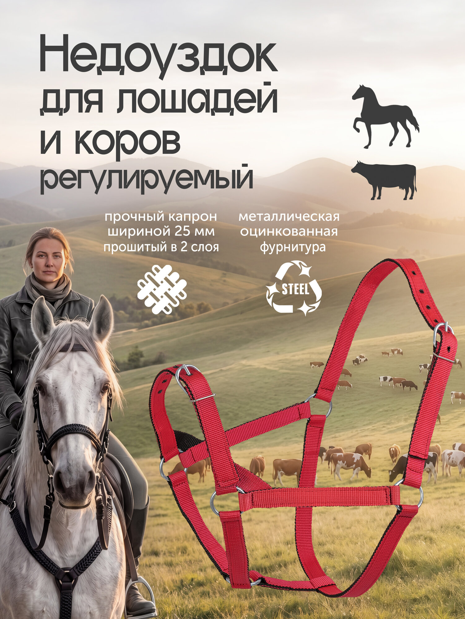 Недоуздок регулируемый для лошадей Reiter, двойной капрон, 25 мм, размер Full