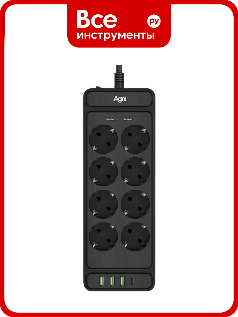 Сетевой фильтр AGNI плоский, 8 розеток, 5 метров, 2 USB + 1 Type-C 20 Вт, чёрный TP-FS4U8E-PD-5m-black