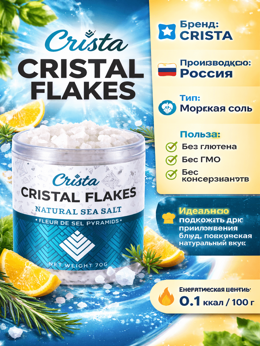Соль Fleur de Sel Crista Flakes морская натуральный вкус, 70г