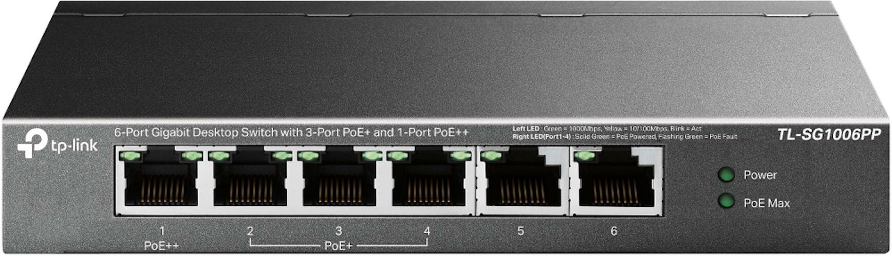 TP-Link TL-SG1006PP, Настольный коммутатор с 6 гигабитными портами (3 порта PoE+, 1 порт PoE++), 802.3af/at/bt 3-го типа, бюджет PoE — 64 Вт, стальной