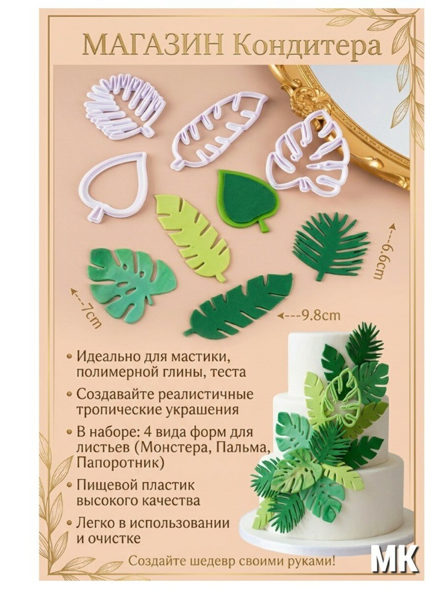 Вырубки-резаки "Листья 4 вида" подходит для мастики и полимерной глины
