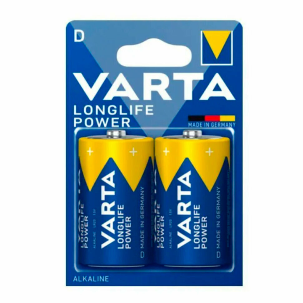 Батарейки алкалиновые комплект 2 шт, VARTA LONGLIFE POWER, D (LR20, 13А), блистер, 4920121412, 457411