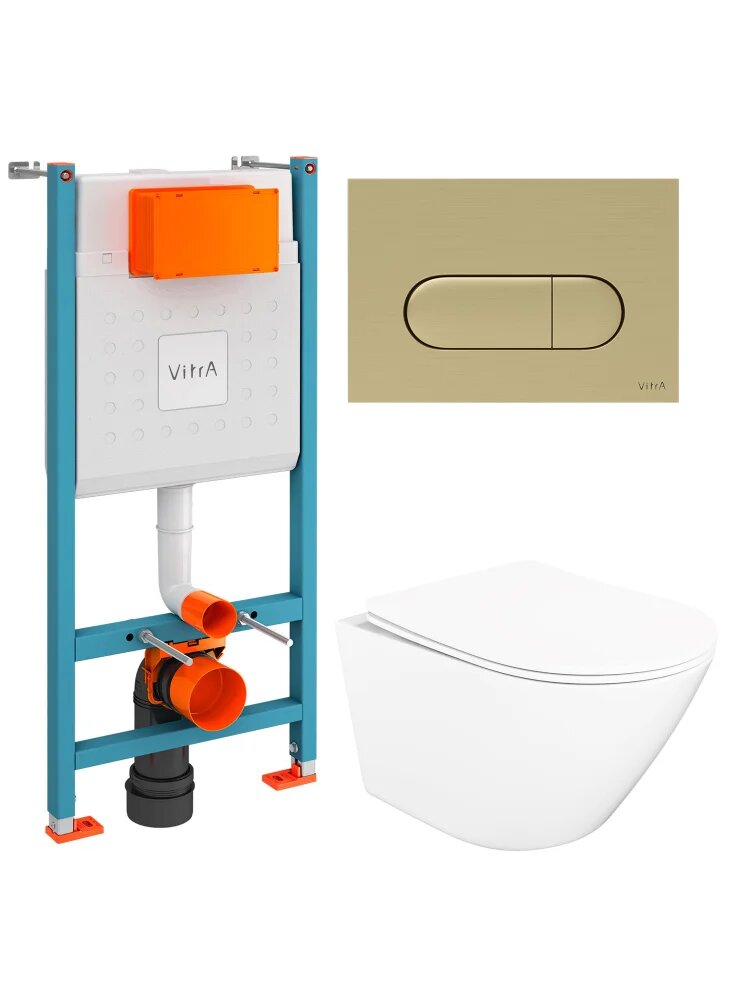 Комплект 4 в 1: Инсталляция VitrA Ви-Фикс Кор (V-Fix Core) 732-5800-01 / Унитаз подвесной STWORKI Левангер S07401WH безободковый, с микролифтом / Кнопка Рут Раунд (Root Round) 740-2225, матовое золото, Комплект креплений
