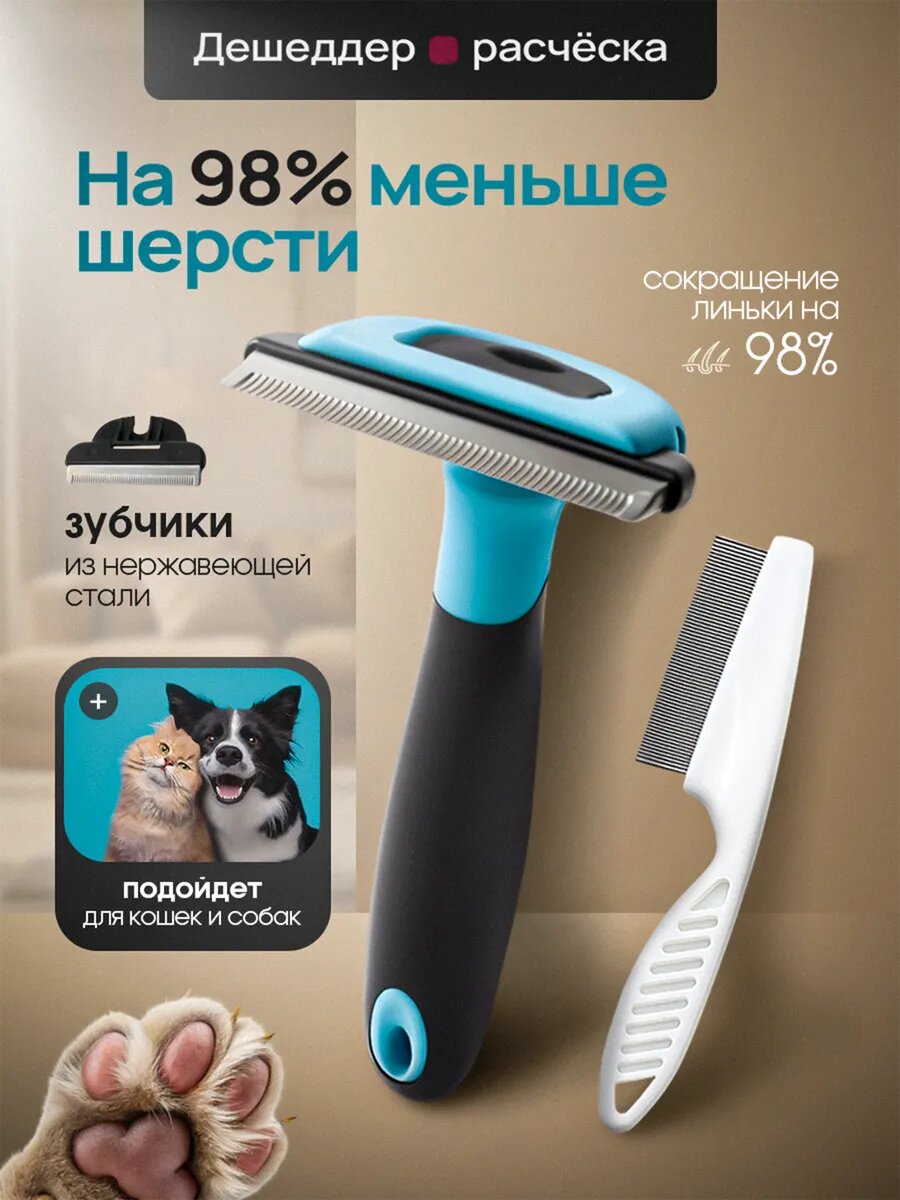 Расческа для кошек и собак фурминатор для вычесывания шерсти и удаления колтунов, голубой