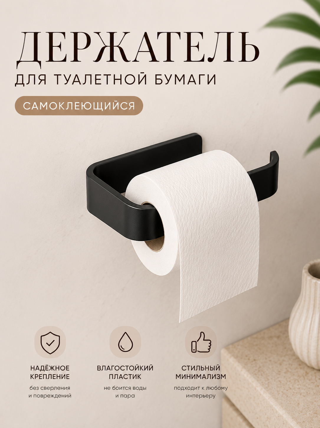 Держатель для туалетной бумаги, самоклеящийся, пластик, черный