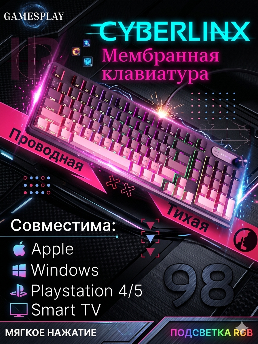 Клавиатура мембранная, Furycube, проводная, RGB подсветка, Numpad, цвет розовый