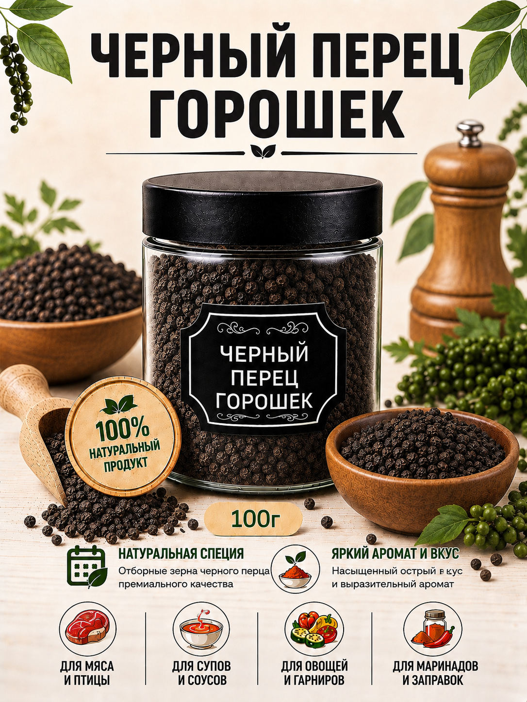 Черный перец горошек натуральный, Индия, 100г