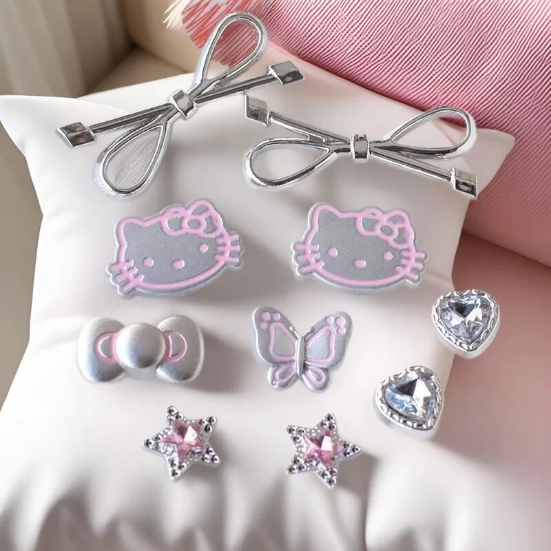 Набор из 10 штук: Декоративные элементы Hello Kitty для обуви (сандалии, сабо), серебристые мультяшные пряжки-украшения для обуви, аксессуары для рукоделия