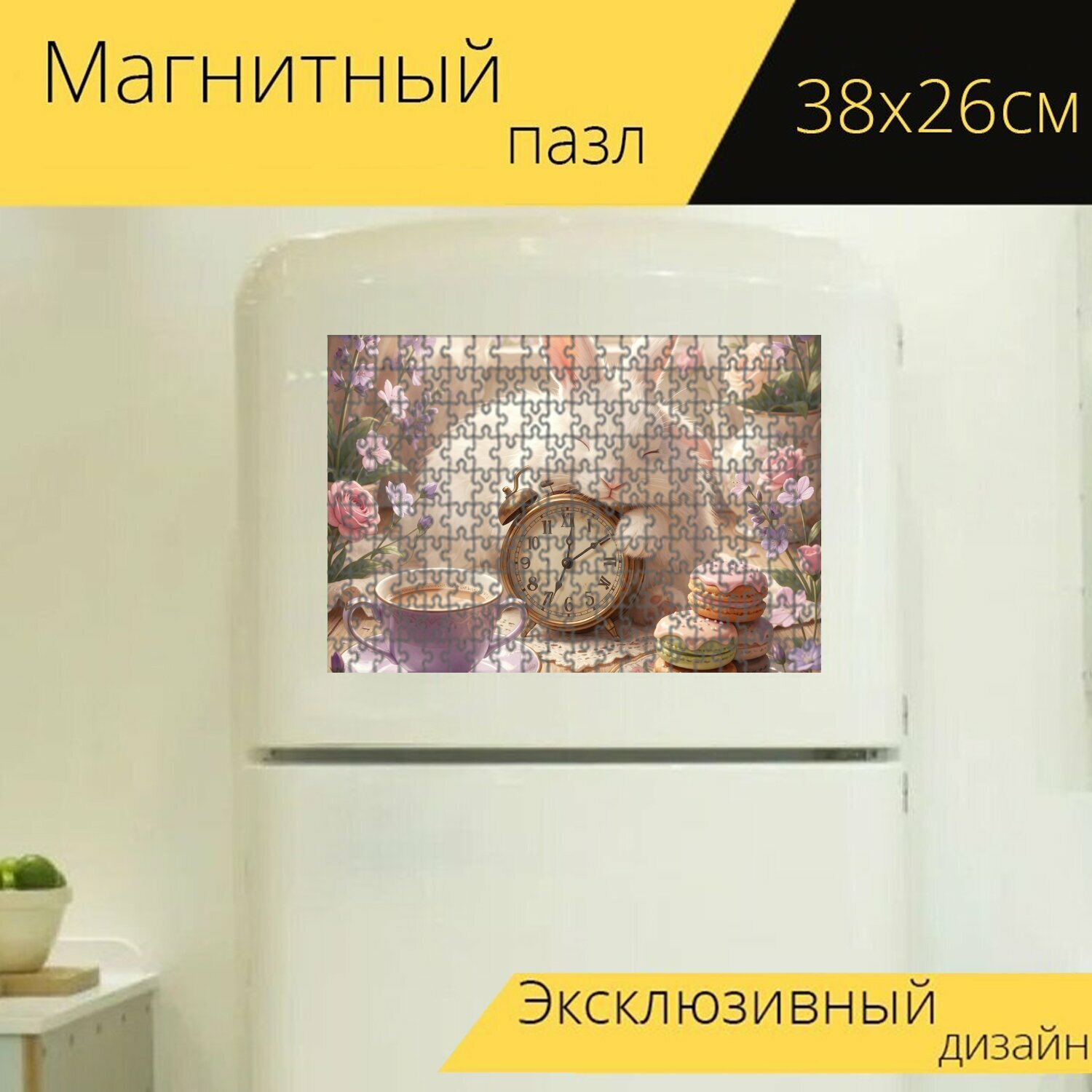 Магнитный пазл "Дремлющий кролик у часов. Пастельная сказочная сцена: белоснежный зверёк сладко спит, обнимая винтажный циферблат, вокруг сиреневые цветы." для интерьера, 38х26 см.
