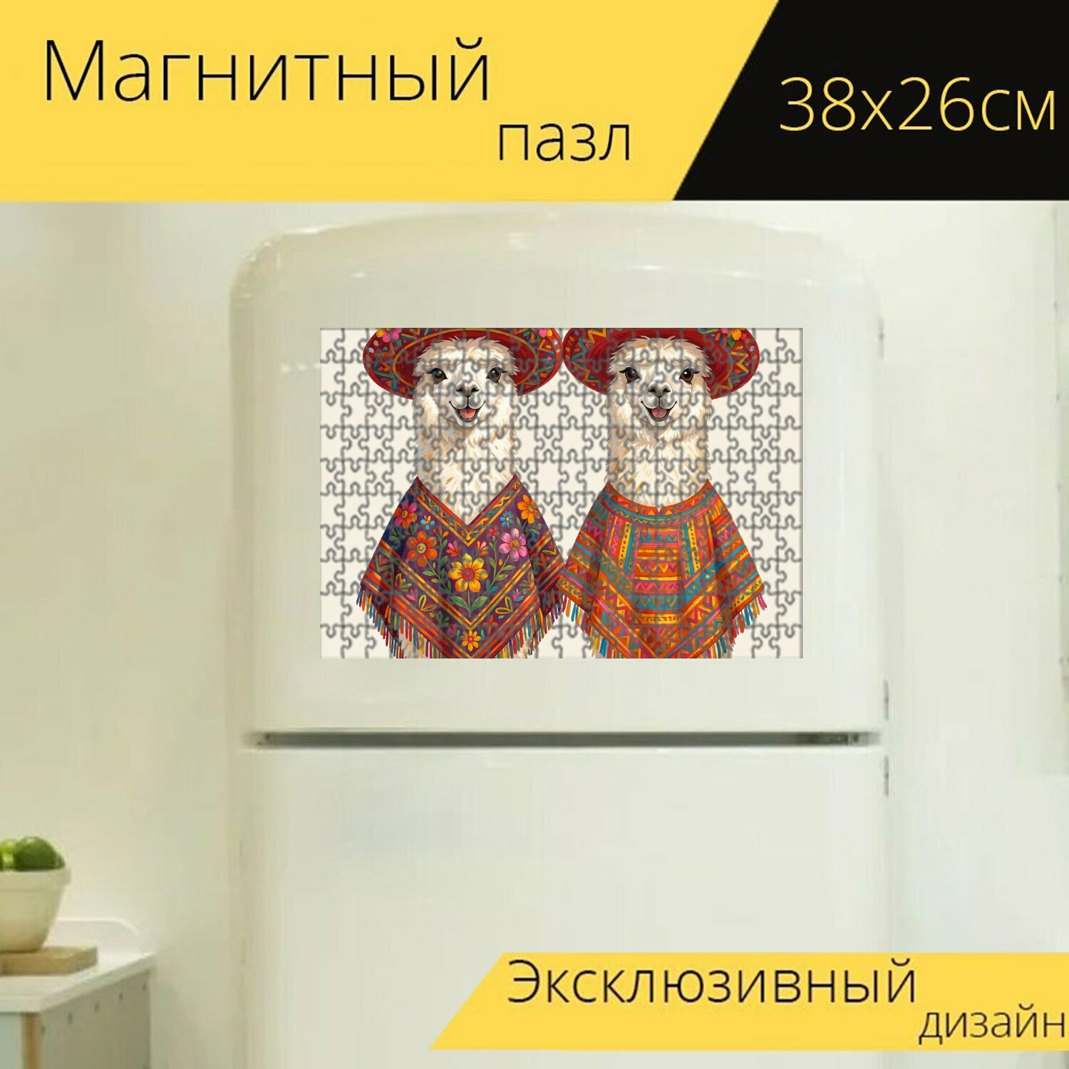 Магнитный пазл "Весёлые альпаки в сомбреро. Пара улыбающихся животных в ярких народных нарядах с цветочной вышивкой и полосатыми узорами, в насыщенных." для интерьера, 38х26 см.