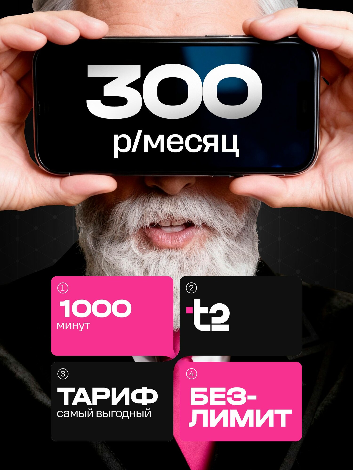 Сим карта T2 безлимитный интернет для всех устройств за 300 рублей в мес. 1000 мин