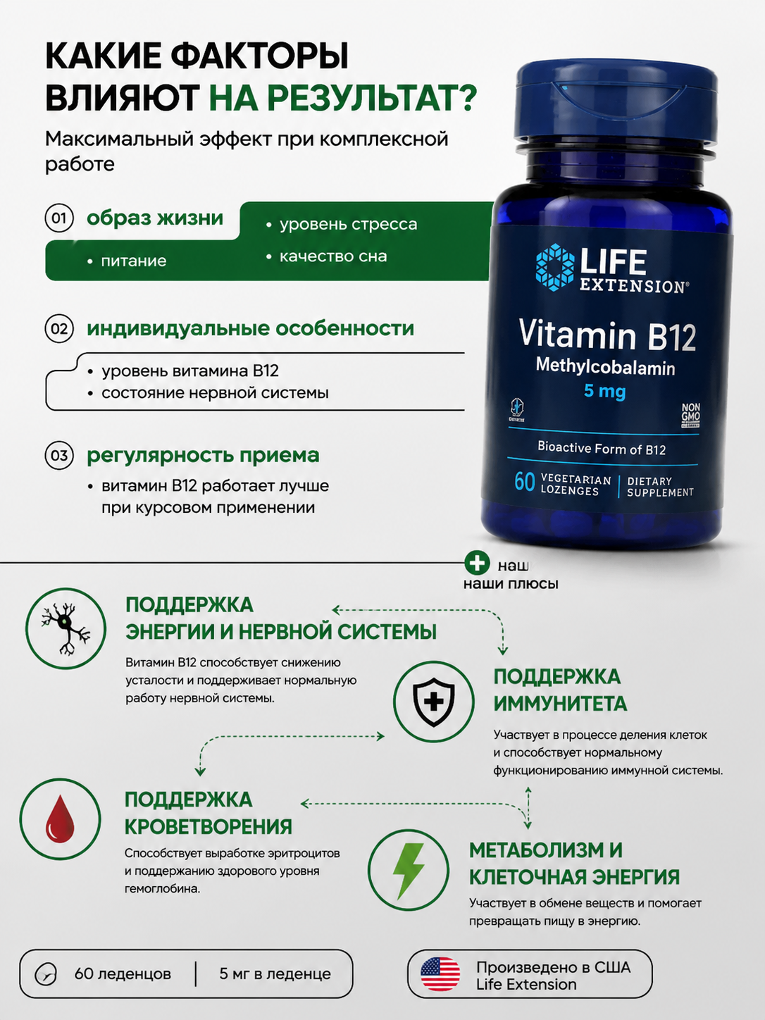 Витамин B12 Метилкобаламин 5000 мкг Life Extension важнейший витамин группы B Vitamin B12 Methylcobalamin 60 пастилок — фото 1