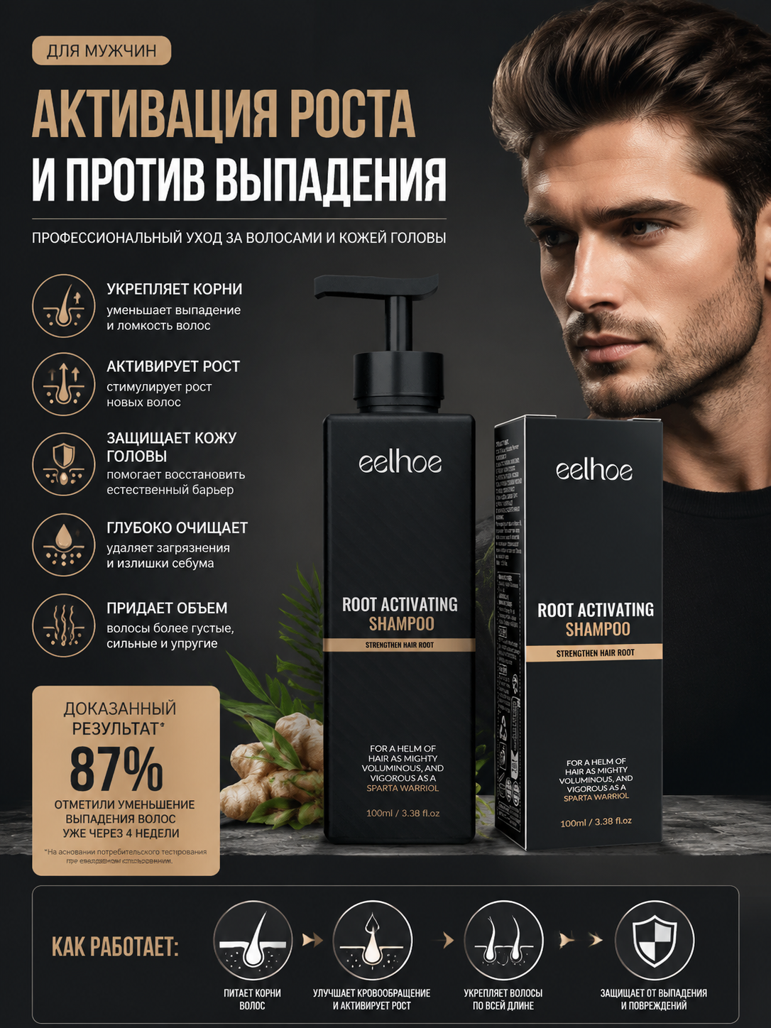 Шампунь Eelhoe, для восстановления волос, натуральный, 100 мл