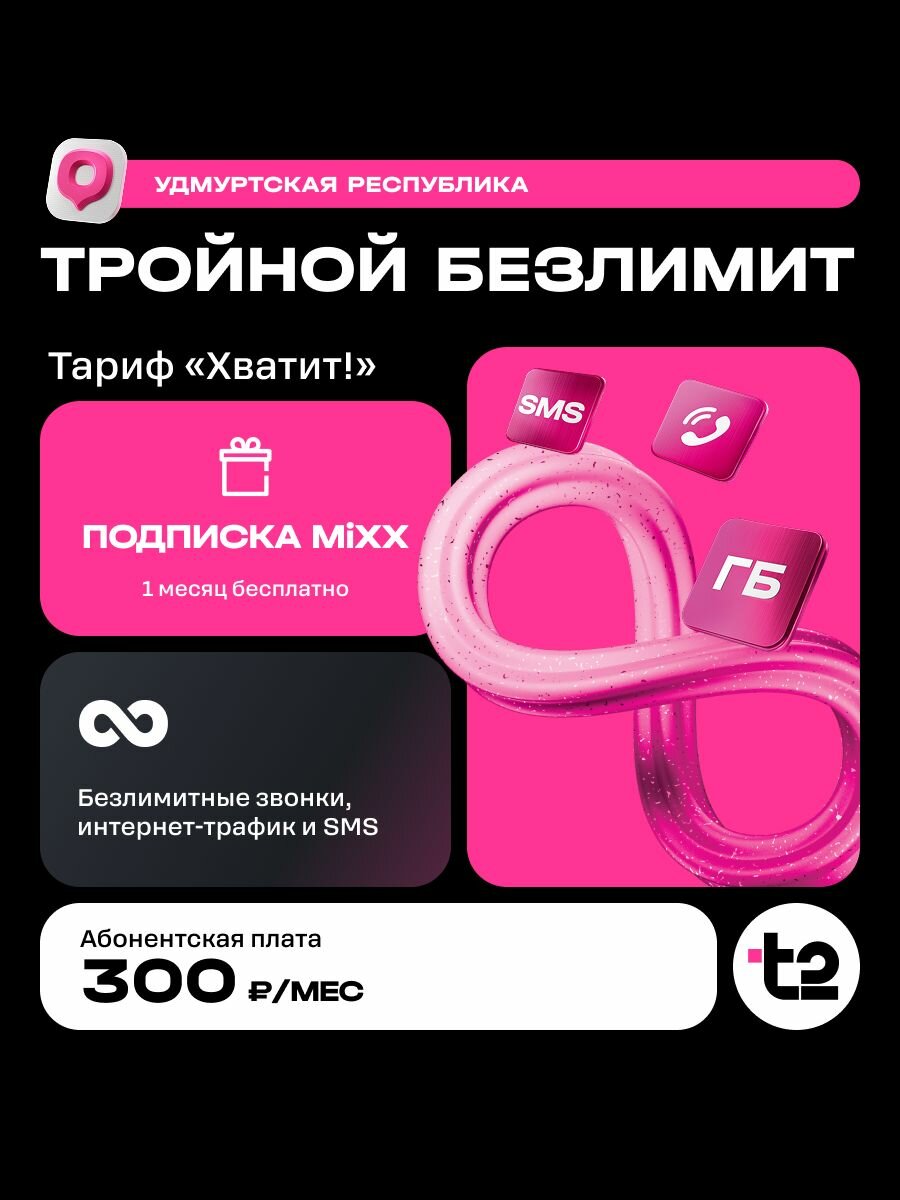 Сим-карта t2 "Хватит!", Удмуртская Республика. Баланс 300 руб.