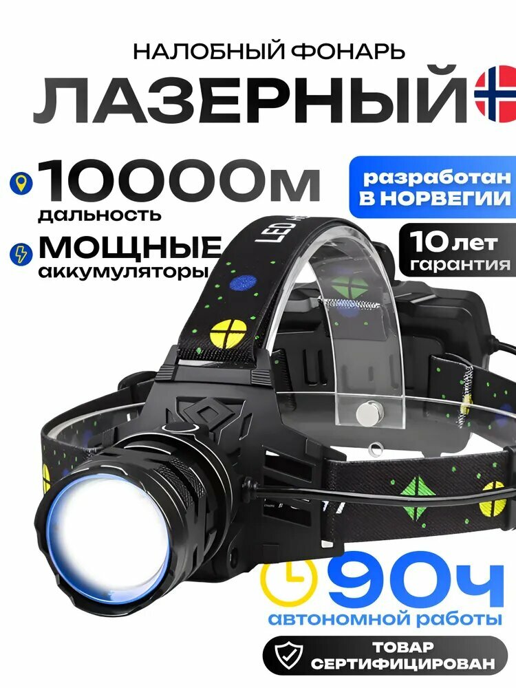 Фонарь налобный аккумуляторный, светодиодный, мощный с зарядкой