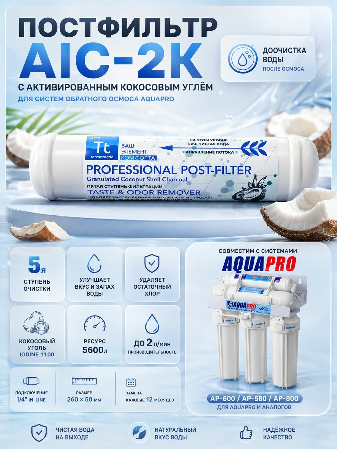 Профессиональный постфильтр AIC-2K с активированным кокосовым углем (Iodine 1100) для систем обратного осмоса AquaPro