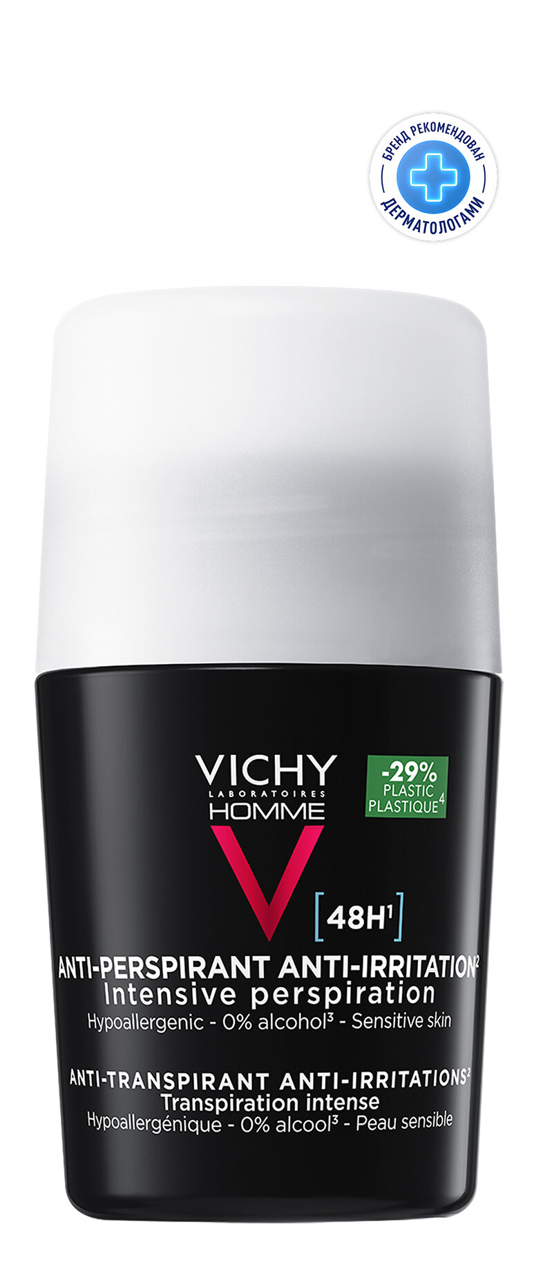 Vichy Homme Мужской шариковый дезодорант против избыточного потоотделения, роликовый антиперспирант для чувствительной кожи, 48 часов, 50 мл