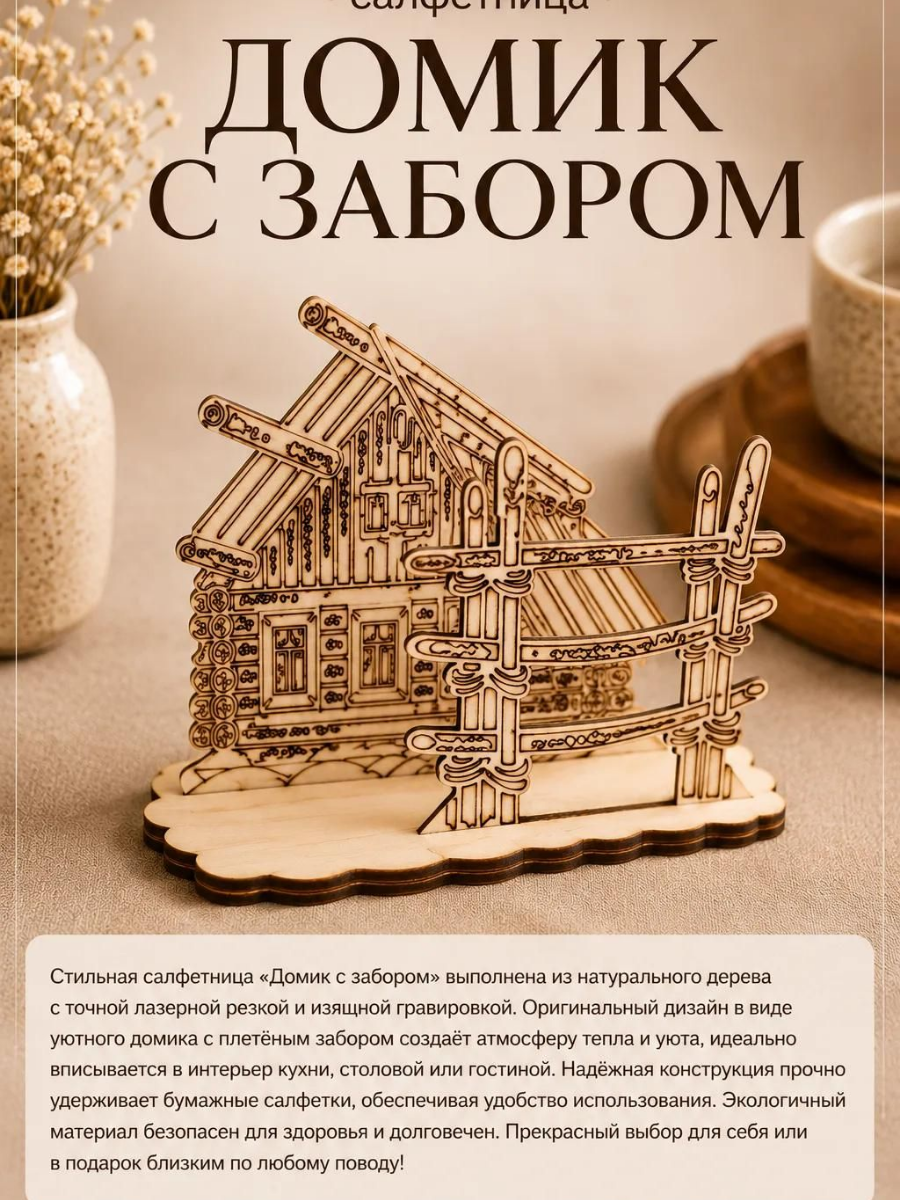 Салфетница "Домик с забором" Московский сувенир, ручная работа, дерево, коричневый цвет — фото 1