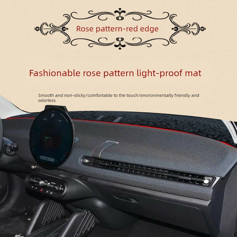 Коврик для приборной панели Mini Cooper J01 с HUD, розовая велюровая ткань, черный с красной каймой - аксессуар для