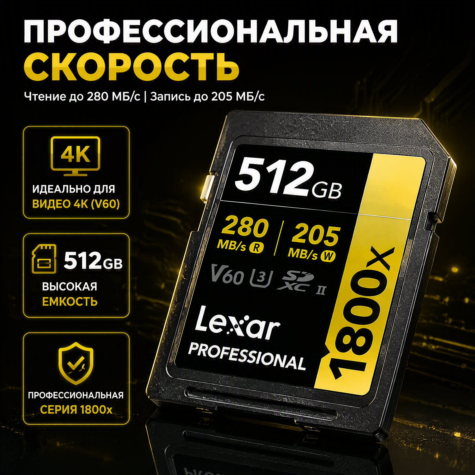 Карта памяти SD Lexar Professional 1800X SDXC UHS-II V60, скорость чтения 280 МБ/с, для фотоаппаратов 4K,512 ГБ