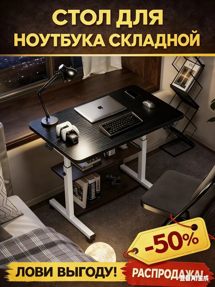 Столик-трансформер для ноутбука, 80х40х80 см, с регулируемой высотой и 3 полками, черный