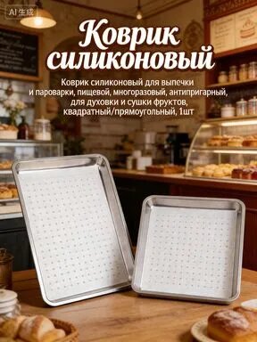 Коврик силиконовый для выпечки и пароварки, пищевой, многоразовый, антипригарный, для духовки и сушки фруктов, квадратный/прямоугольный, 1шт.