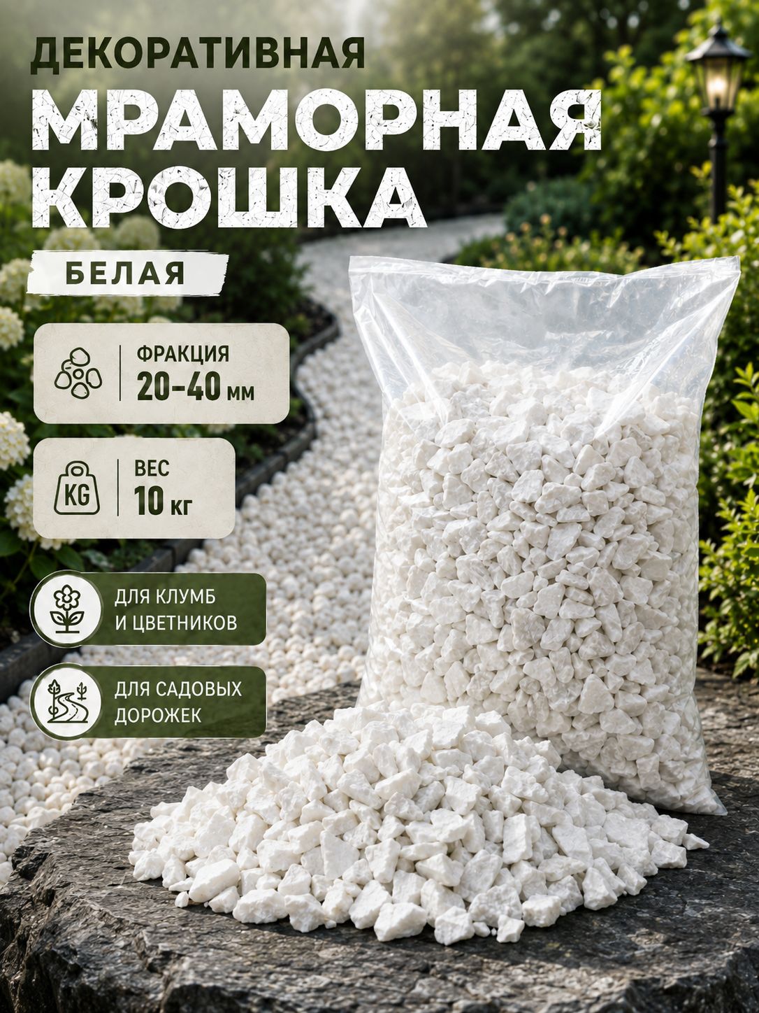 Щебень декоративный для сада, мраморная крошка10 кг