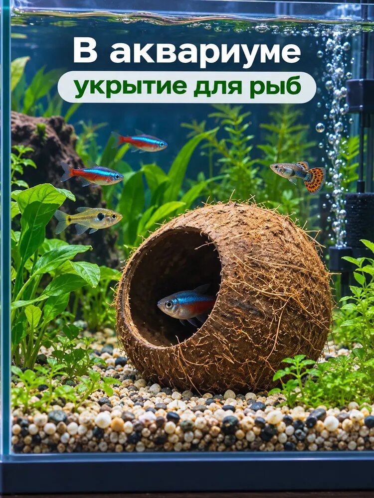 Кокосовая скорлупа целая с волокном декор для аквариума и террариума