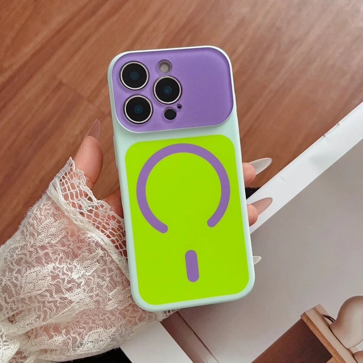 Чехол Candy Contrast Color с большим окном и Айфон 15 Про Макс, Зеленый, Зеленый, Purple Green