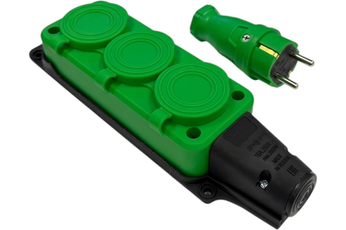 Комплект каучуковой колодки NVO KI COMBI K 3 V 16 54 GREEN + вилка IP54, 3 гнезда 16 А, зелёный, с крышкой и заземлением для удлинителей на строительных площадках и в помещениях.