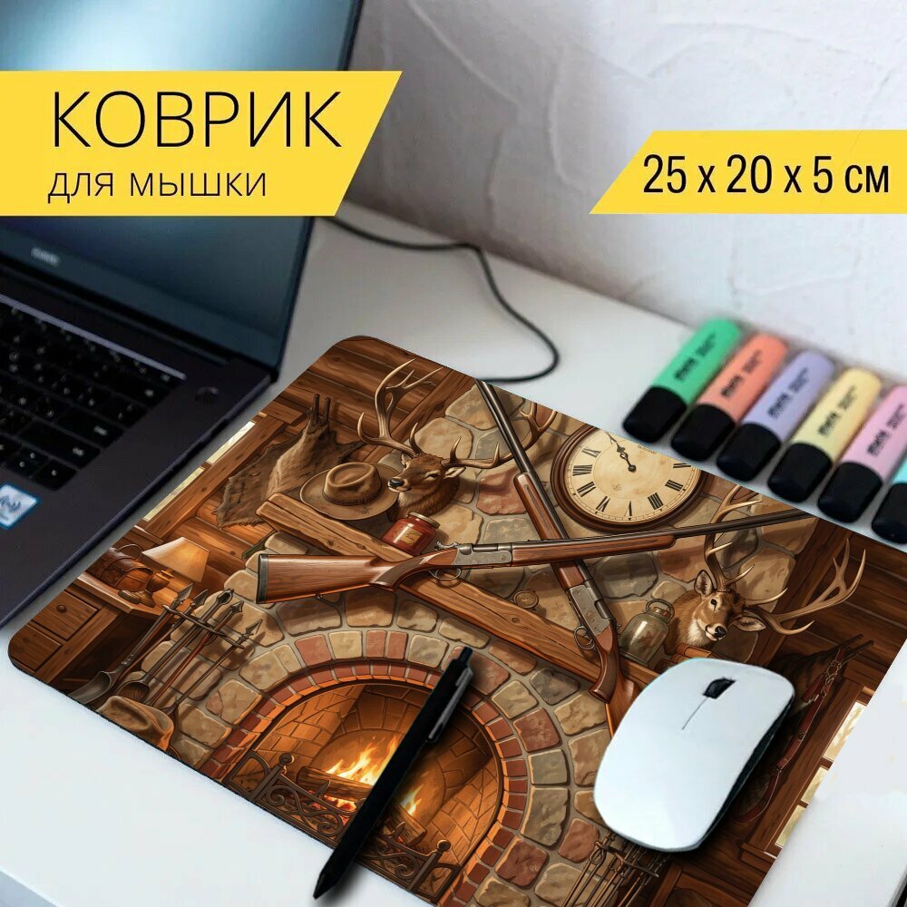 Коврик для мыши с принтом "Охотничий камин в деревянном интерьере. Уютная загородная гостиная с каменным очагом, горящими дровами, скрещенными ружьями, оленьими трофеями и." 25x20см.