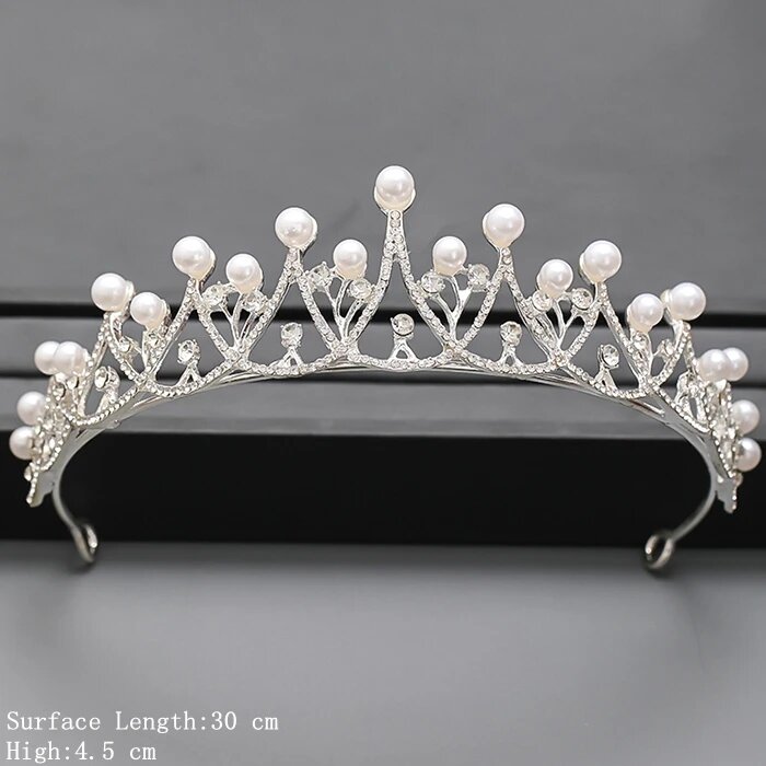 Серебряная диадема с жемчугом и кристаллами, 30 см
