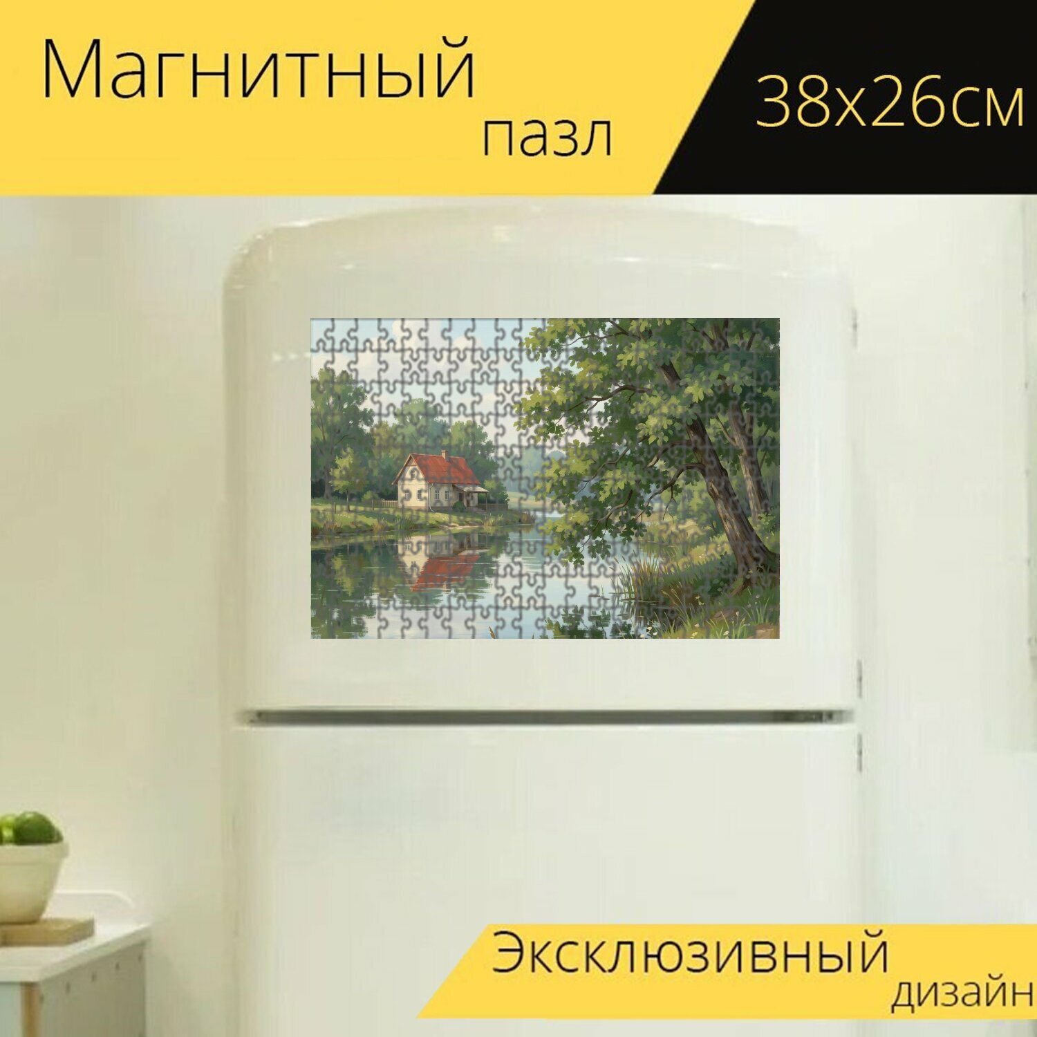 Магнитный пазл "Дом у тихой реки. Уютный сельский уголок с зеркальной водой, зелёными деревьями и домиком с красной крышей. Светлая живописная иллюстрация в." для интерьера, 38х26 см.