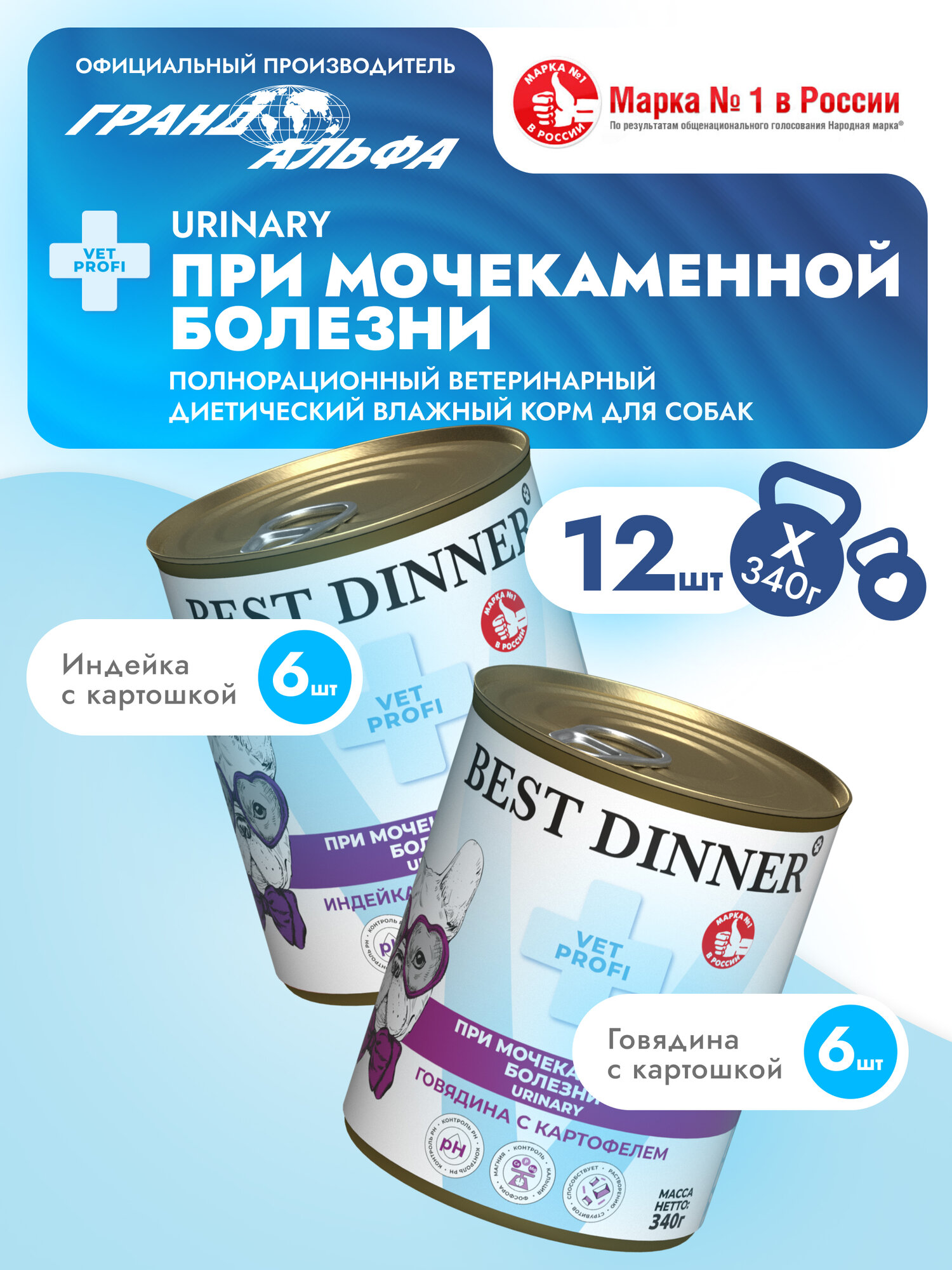 Влажный диетический корм Best Dinner (Бест Диннер) Vet Profi Urinary для собак при мочекаменной болезни Ассорти (12шт х 340гр)